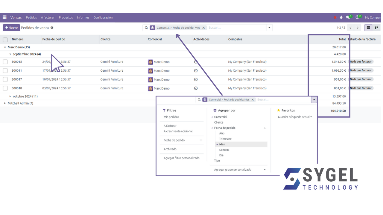 Filtros y agrupaciones en Odoo | Sygel